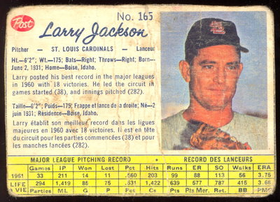 1962 POST CANADIAN BASEBALL #165 LARRY JACKSON LG-VG ST. LOUIS ...