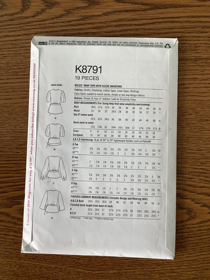 Simplicity Pattern 8416 Misses Shirt w/Back Variations Sizes: 6-14 | eBay