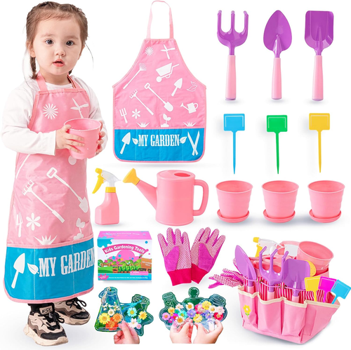 Kids Pink Gardening Tools Set Garden Toys W/Metal Rake Shovel Trowel ...