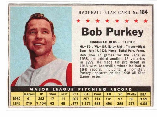 1961 Post #184, Bob Purkey, Cincinnati Reds, Box, EX | eBay