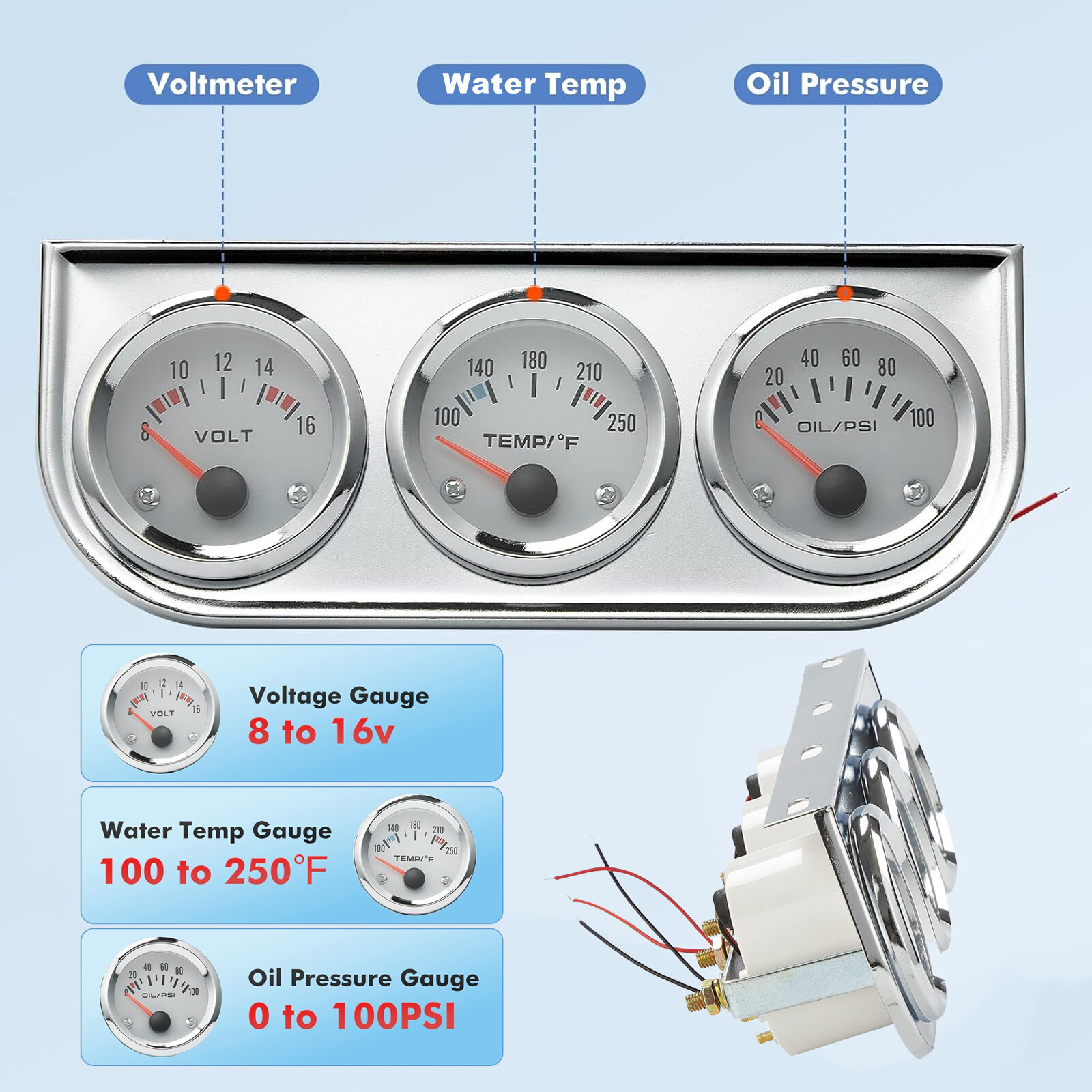 2"52mm 3 in 1 Chrome Car Gauge Set Kit Water Temperature Oil Pressure ...