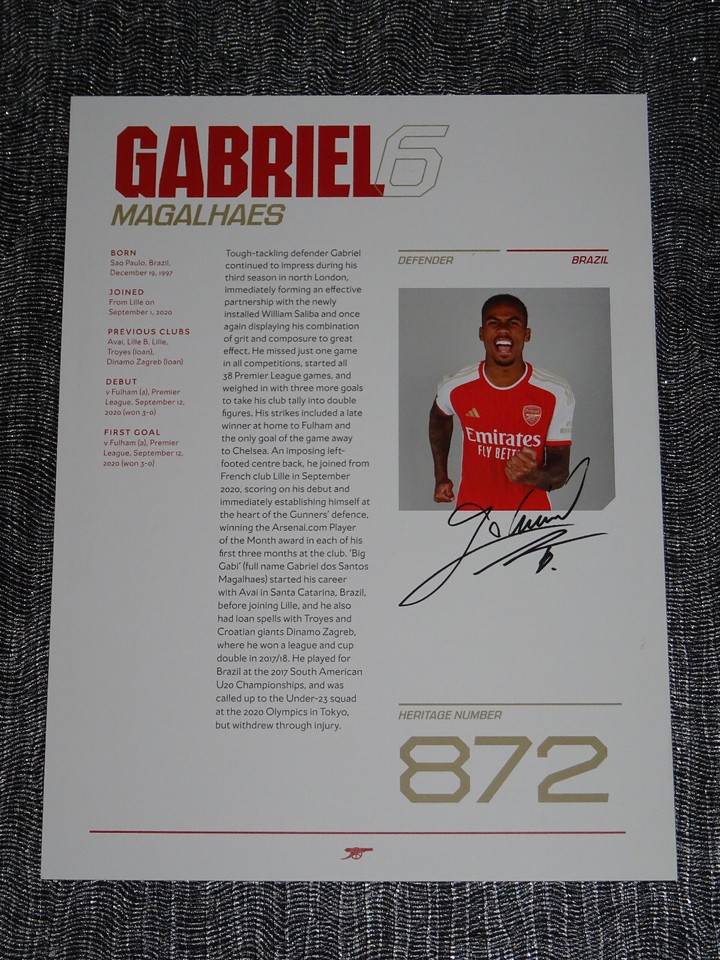 Gabriel Magalhães official Arsenal player club card 2023/24 (printed ...