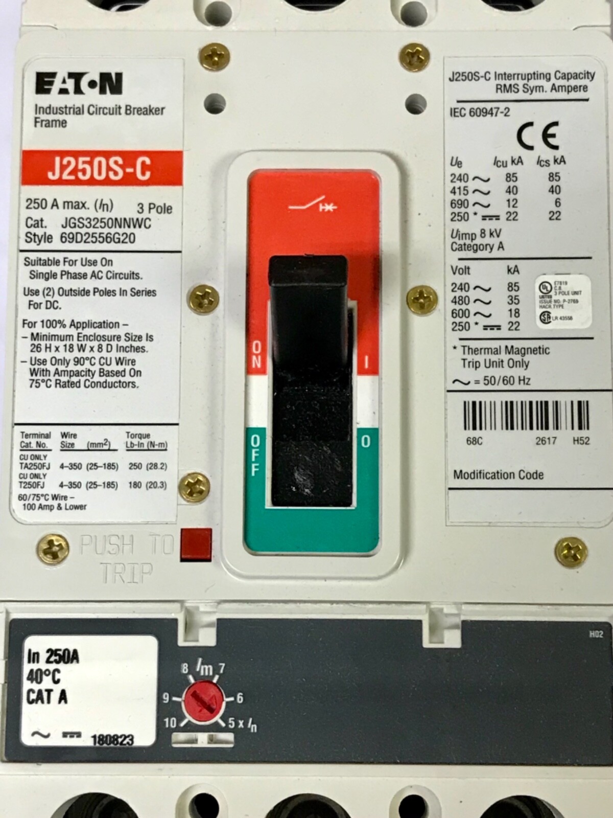 EATON JGS3250FAGC 3 Pole 250 AMP J250S-C Circuit Breaker 35000 AIC | eBay