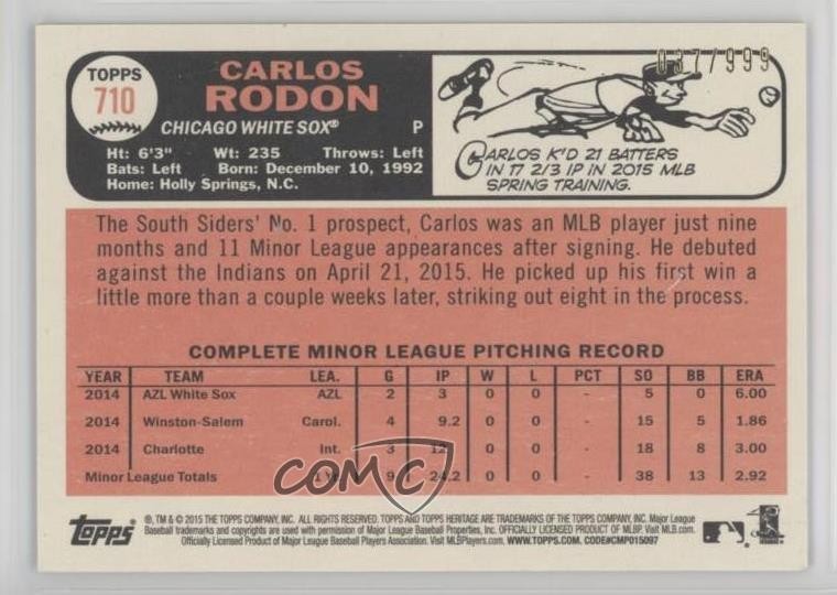 2015 Topps Heritage High Number Chrome 37/999 Carlos Rodon #710 Rookie ...