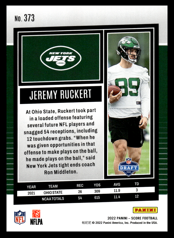 2022 Panini Score Jeremy Ruckert #373 New York Jets Rookie RC NFL ...