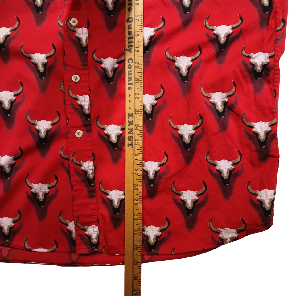 VTG Barn Fly Shirt Mens XL Red Bull Skull All Over Print Western Rodeo ...