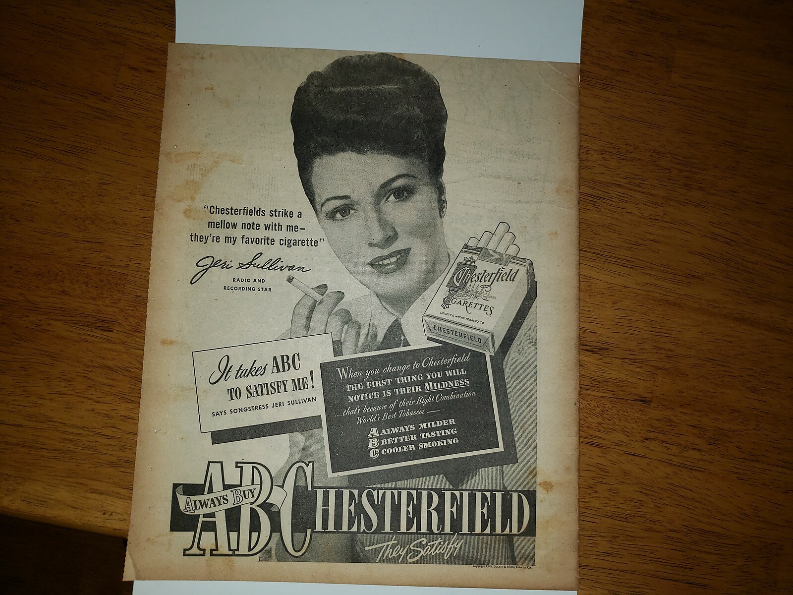 Jeri Sullivan 1948 Chesterfield Cigarettes Advertisement RARE! | eBay