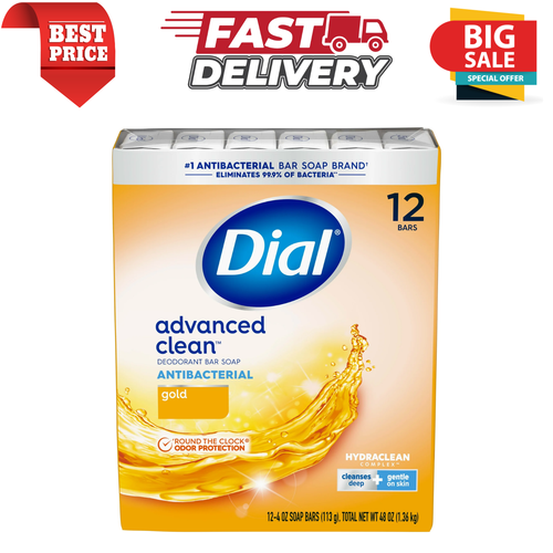 Dial Antibacterial Deodorant Bar Soap, Advanced Clean, Gold, 4 oz, 12 ...