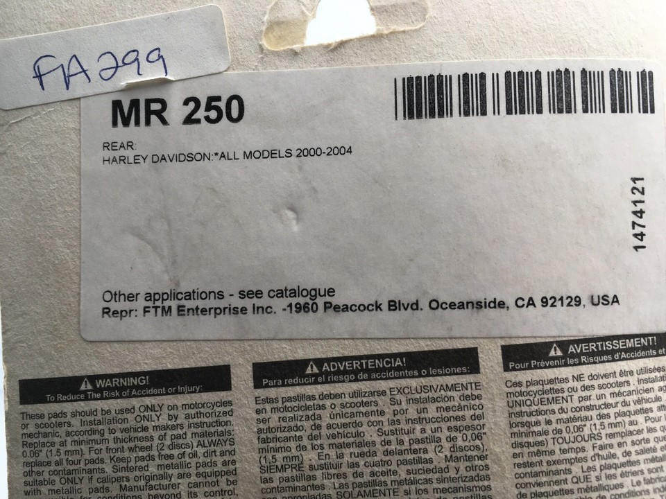 Bendix MR 250 Motorcycle Brake Pads 2 Sets Harley Davidson All 2000 ...