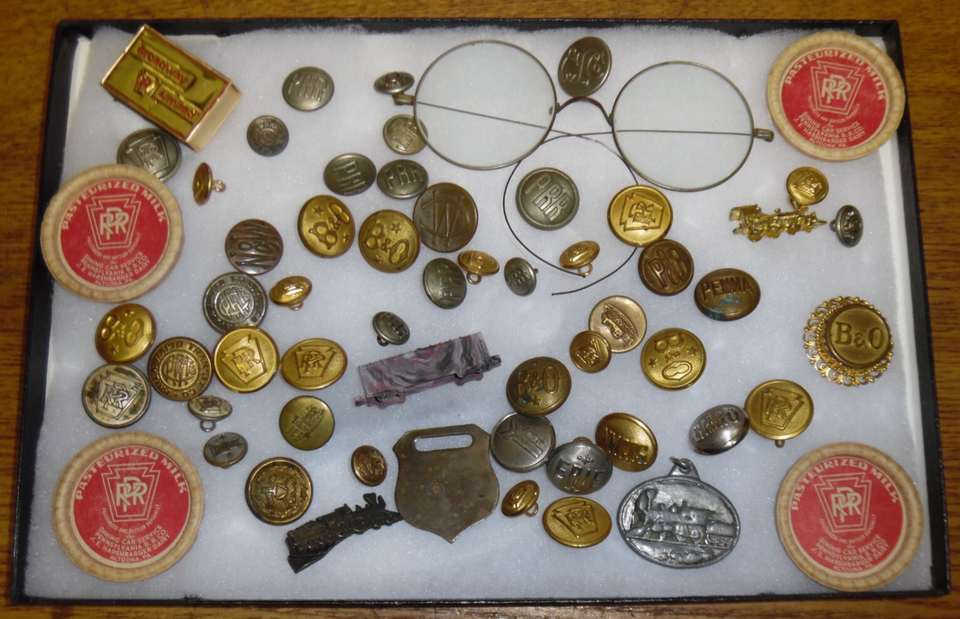 Various Lot Vintage PRR & Other Railroad Buttons & More In Display Case ...
