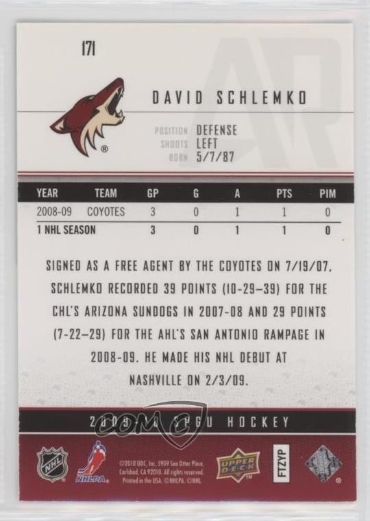 2009 SP Game Used Edition Authentic Rookies /699 David Schlemko #171 ...