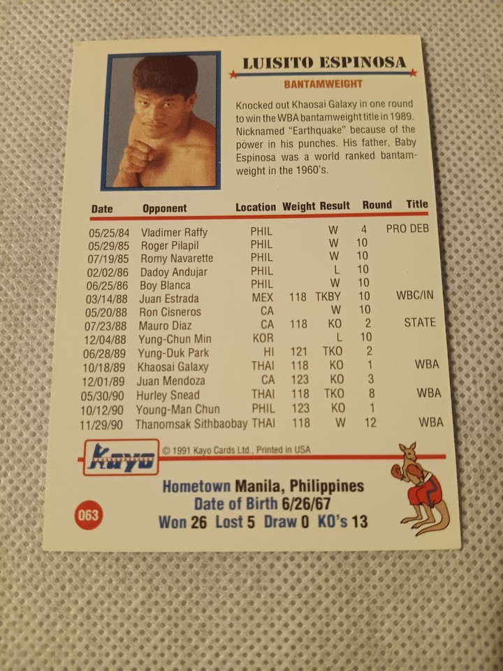 1991 LUISITO ESPINOSA KAYO BOXING ALL TIME GREAT BOXER CARD #063 | eBay