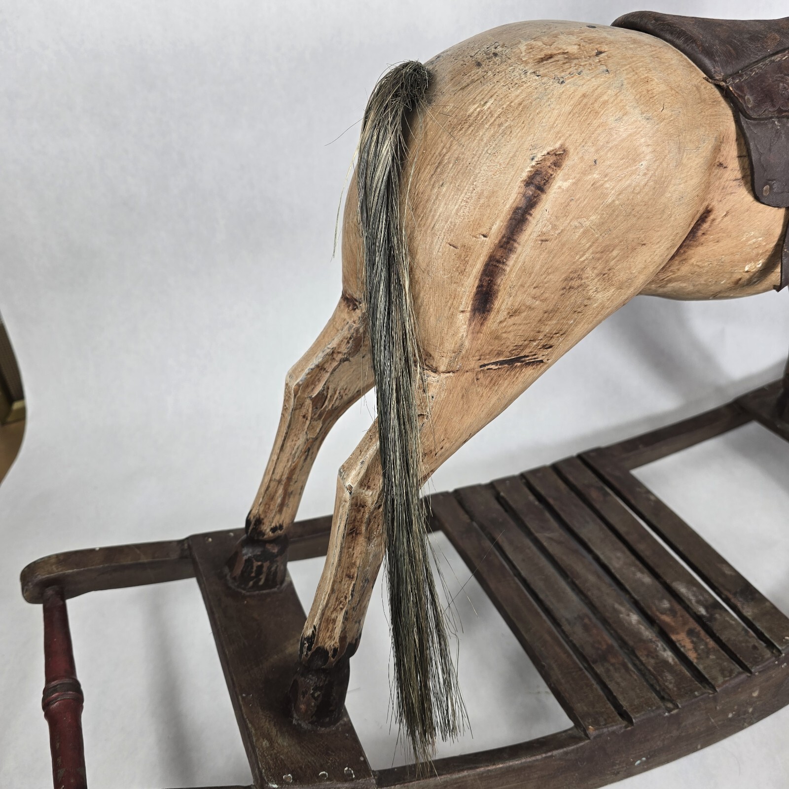 Antique Wood Rocking Horse Hand Carved & Painted Real Horse Hair Tail ...