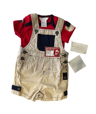NWT! Boy's Baby Guess Khaki & Red Overall Set. FREE SHIP! Size 0-3 ...