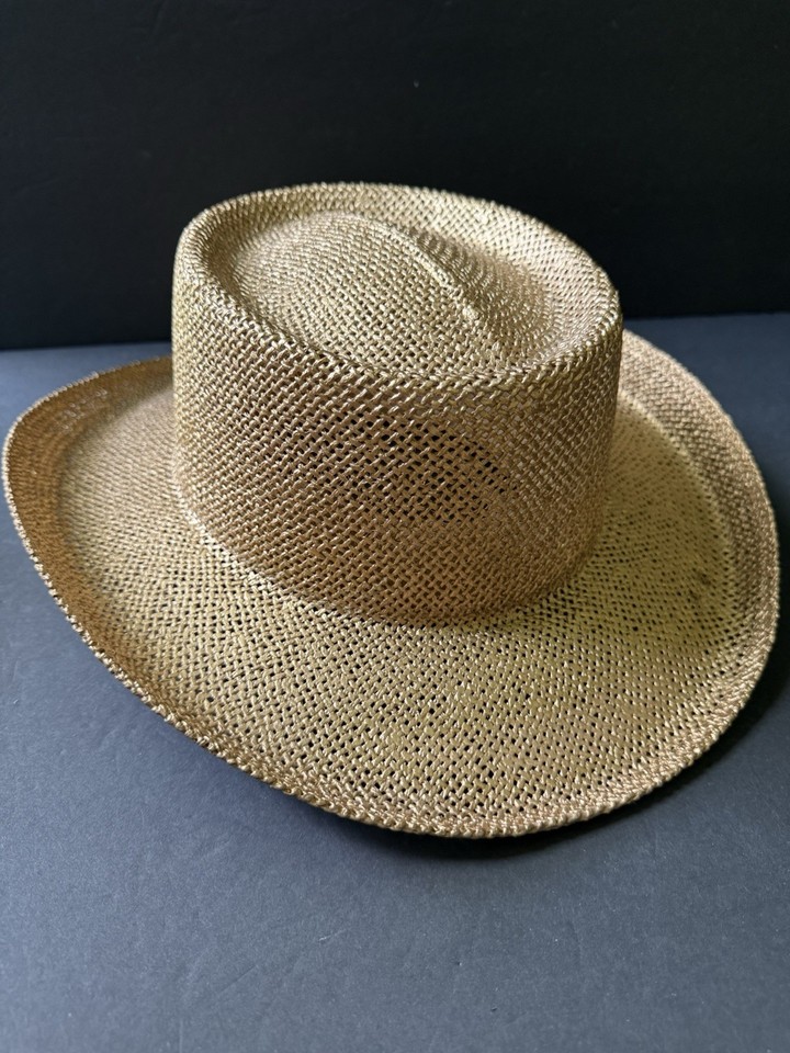 The Hat Works Straw Hat S/M Unisex Wide Brim Metallic Gold Coastal ...