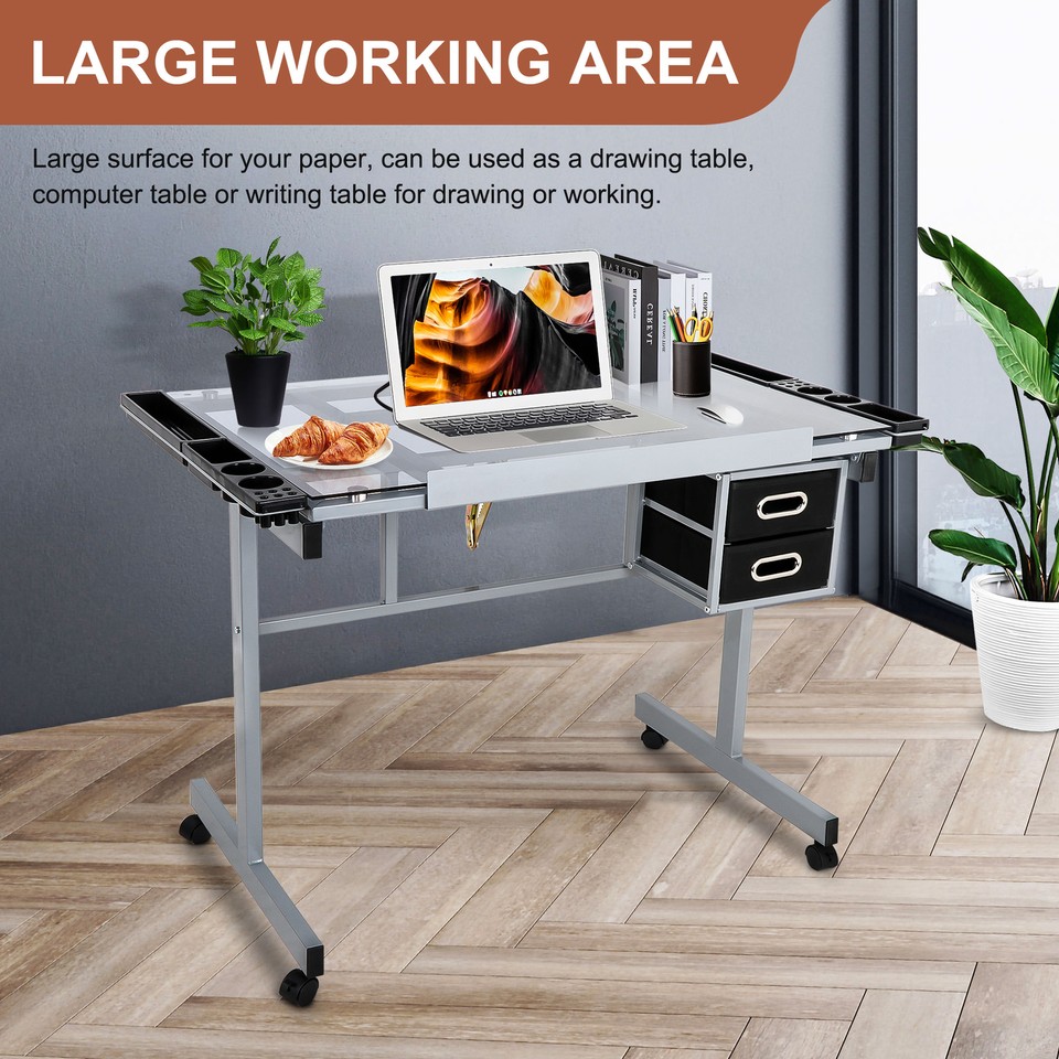 Rolling Drawing Drafting Table Tempered Glass Art Craft Work Station ...