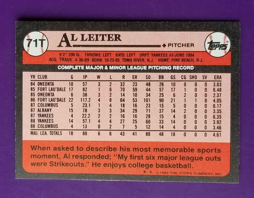 1989 Topps Traded Al Leiter Rookie Card #71T..Toronto Blue Jays | eBay