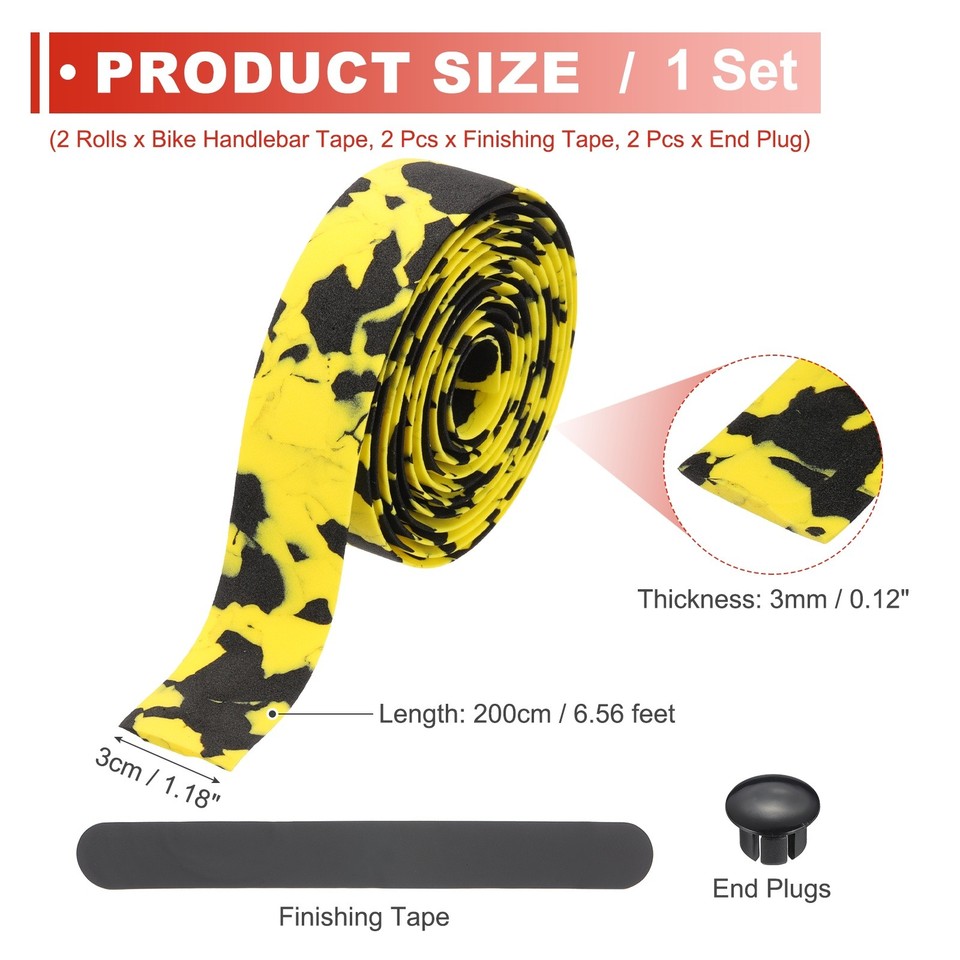 2 Rolls Bike Handlebar Tape with End Plugs for Road Bikes Black-Yellow ...