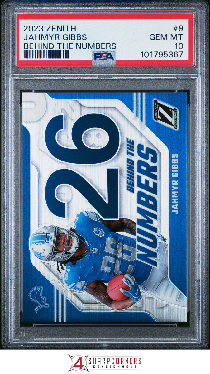 2023 PANINI ZENITH BEHIND THE NUMBERS #9 JAHMYR GIBBS RC PSA 2023 PANINI ZENITH BEHIND THE NUMBERS #9 JAHMYR GIBBS RC PSA