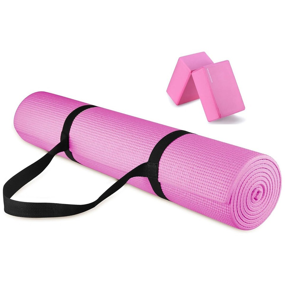 1/4 Inch Thick Yoga Mat Yoga Pilates Exercise Mat w/ Yoga Blocks ...