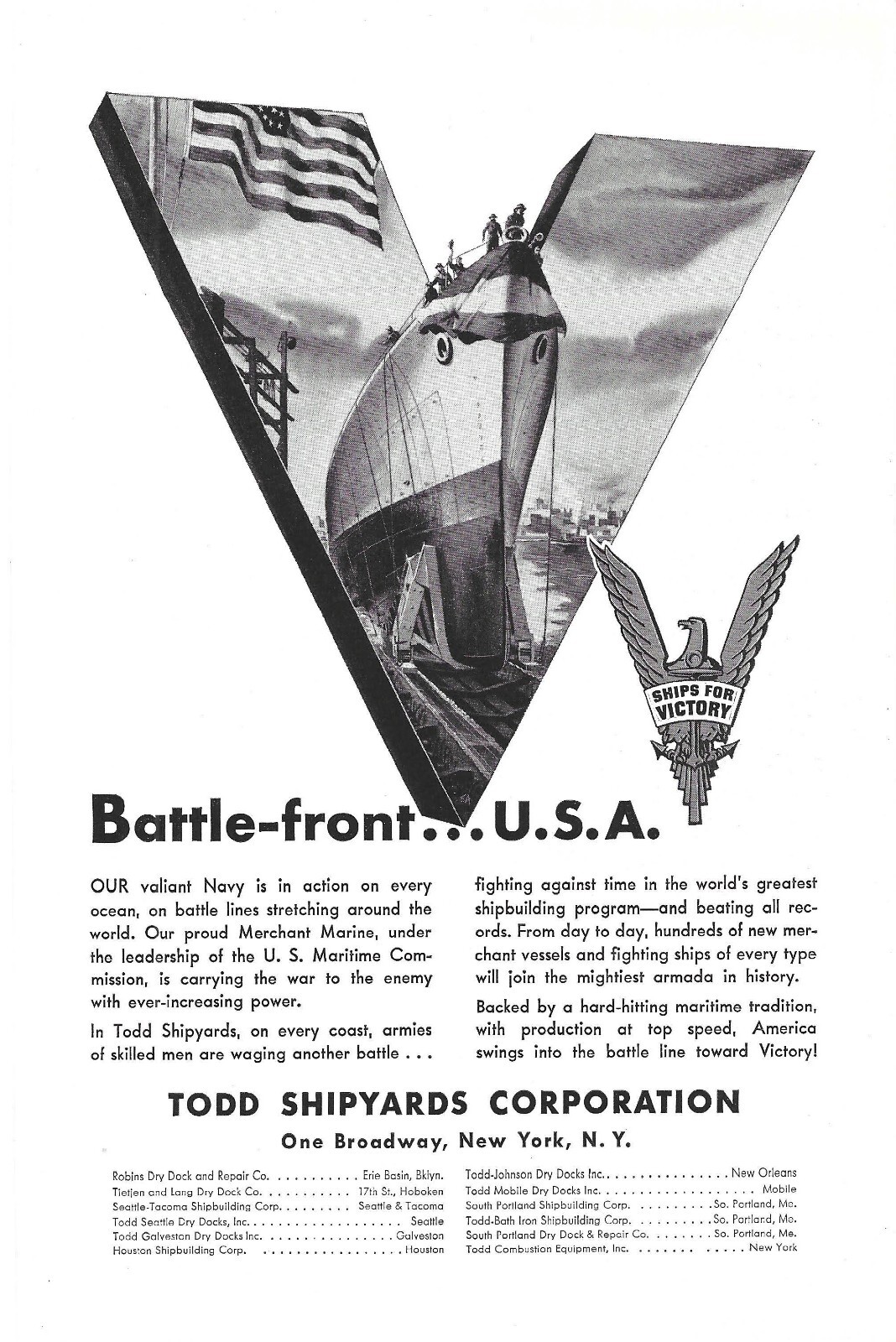 1942 Todd Shipyards Corporation Vintage Print Ad WWII Battle-Front USA ...