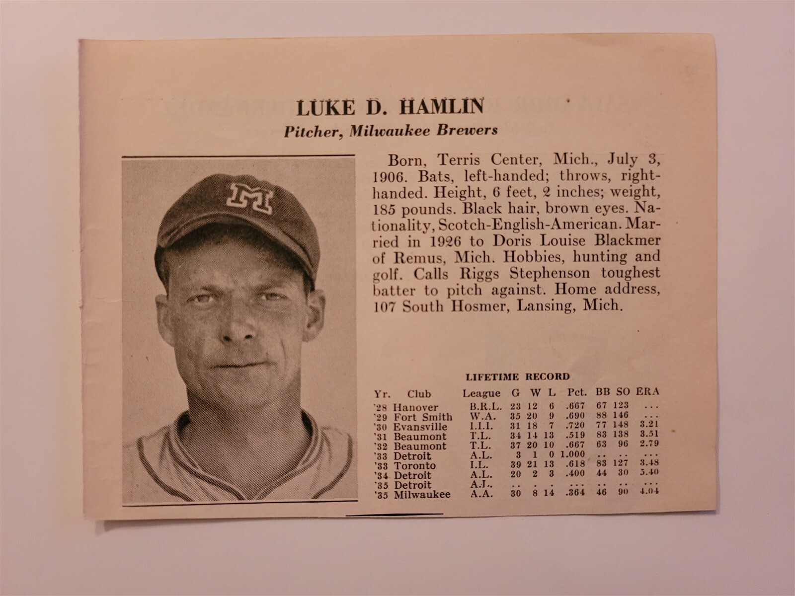 Luke Hamlin Chico Hernandez Milwaukee Brewers 1936 Scrapbook Card | eBay