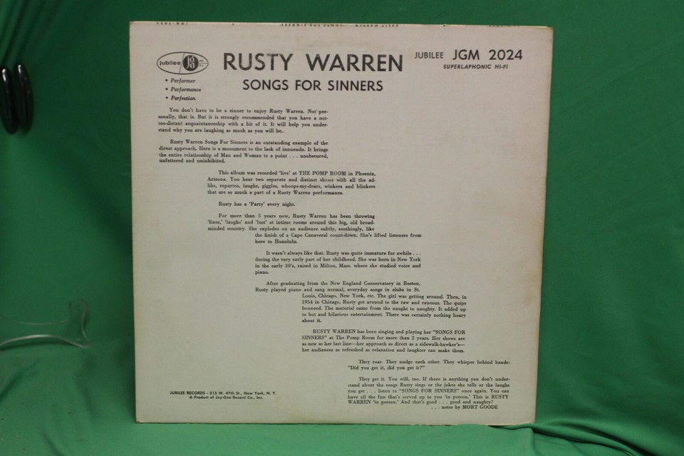 Rusty Warren - Songs for Sinners - Jubilee Records - JLP 2024 | eBay