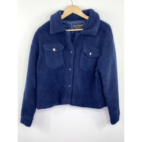 Jason Maxwell Navy Blue Sherpa Fleece Shirt Jacket Women's Size Medium ...