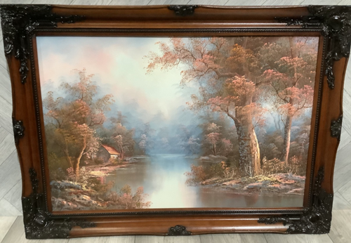 Vintage oil Painting river wooded mahogany carved frame Z690 | eBay UK