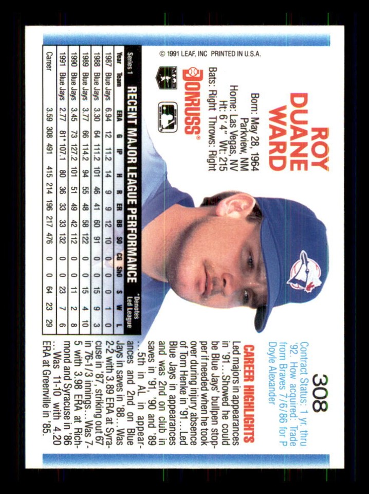 1992 BASEBALL 1992 Donruss Duane Ward Toronto Blue Jays #308 1 | eBay