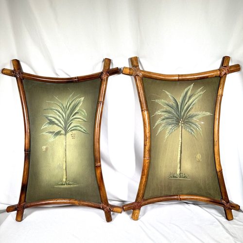 Vintage MCM Adirondack Palm Tree Oil Paintings Bamboo Frames Tiki Art ...