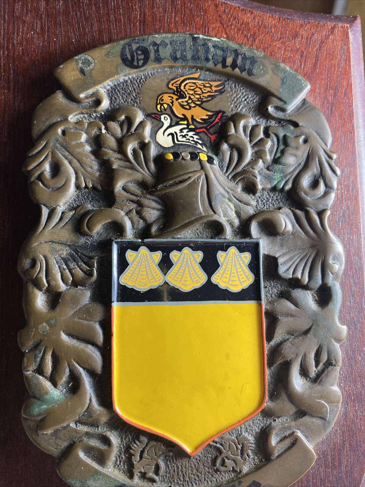 Vintage Twin Brass Heraldic Shield Wall Plaque Hand Painted Latin ...