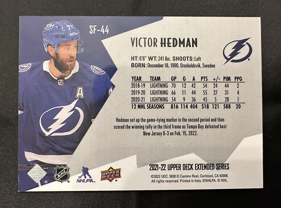 2021-22 Upper Deck VICTOR HEDMAN SPx Finite SF-44 #d 1882/2999 ...