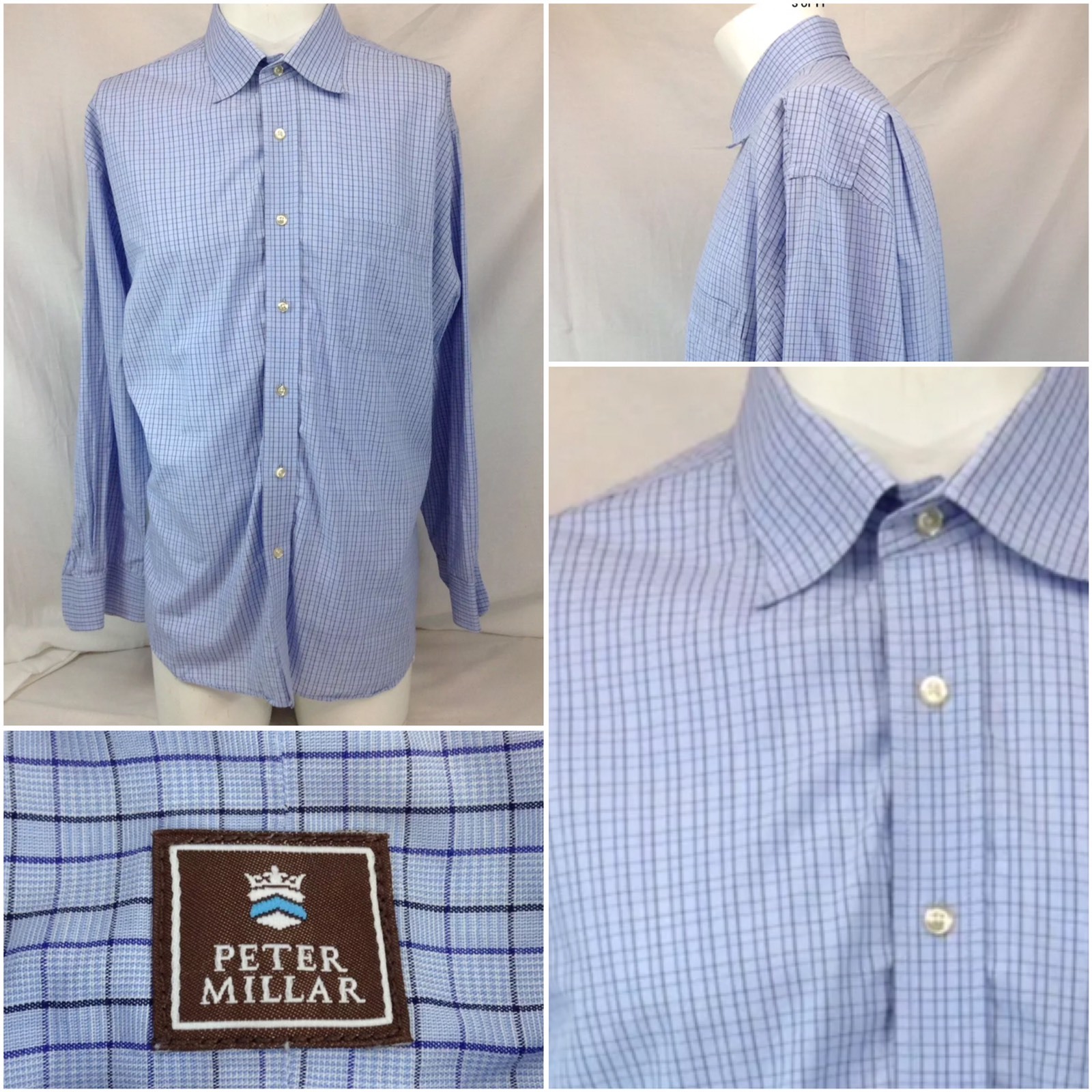 Peter Millar Shirt L 17.5 35 Blue Check 100% Cotton Mint YGI 5517 | eBay