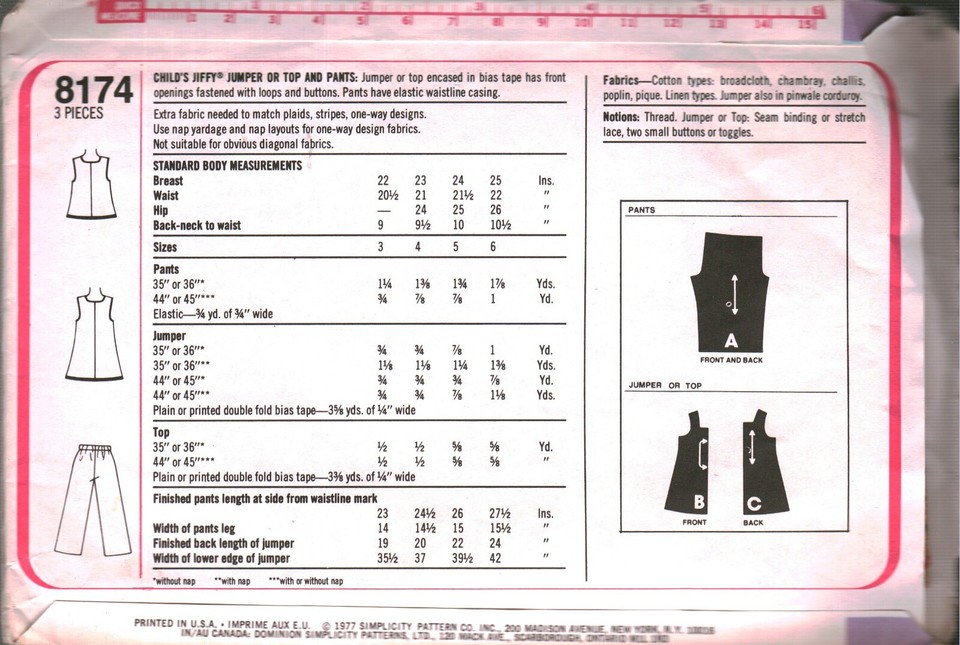 8174 Vintage Simplicity Sewing Pattern Girls 1970s Jiffy Jumper Top Pants OOP 6 | eBay