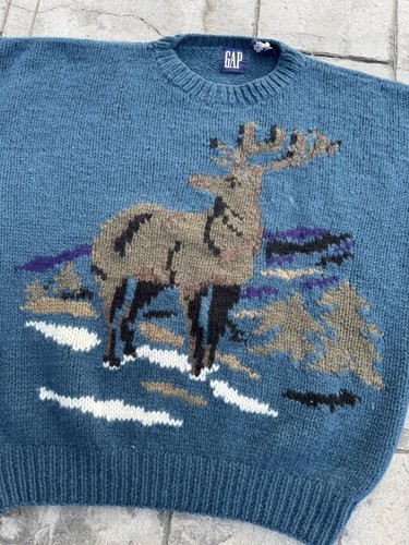 Vintage 90s Gap Hand Knit Wool Pullover Sweater Size Large Outdoor Moose Nature | eBay