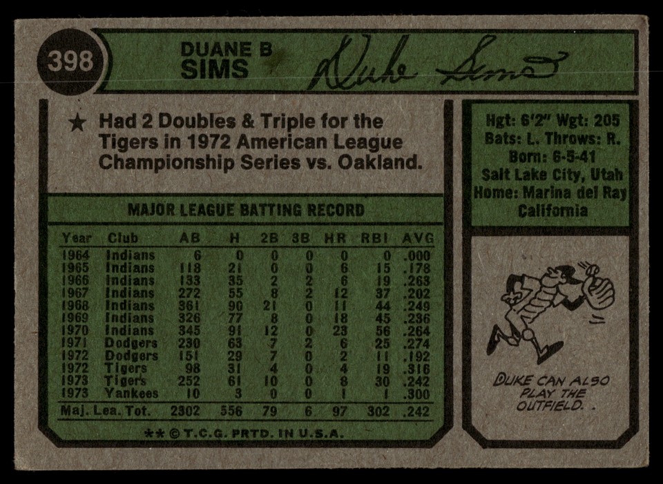 1974 Topps Duke Sims #398 New York Yankees Baseball Card | eBay