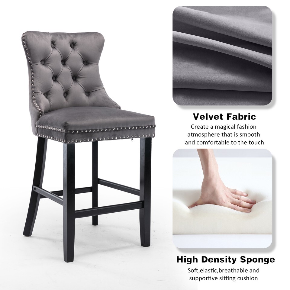 Velvet Bar Stool Set of 2/4/6 Kitchen Counter Height Stool w/Wood Legs Button | eBay