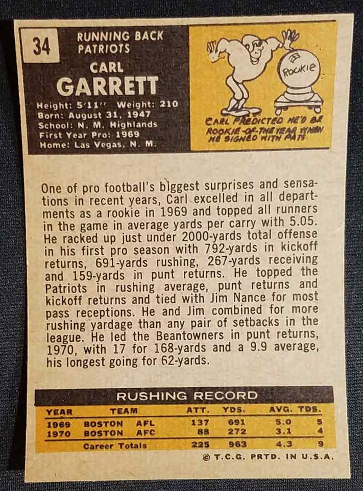 1971 Topps #34 Carl Garrett Rookie RC New England Patriots EX | eBay