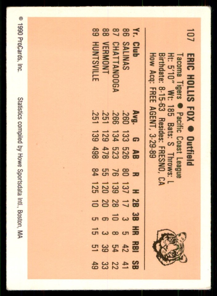 1990 ProCards Eric Fox IP Signed Auto Tacoma Tigers #107 | eBay