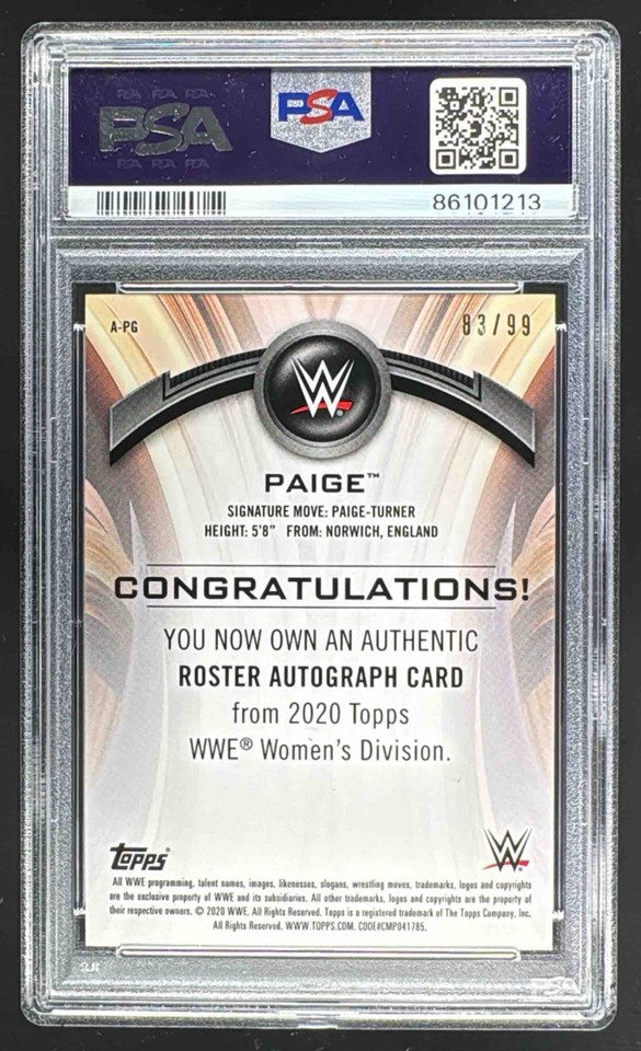 86101213 Paige 2020 Topps WWE Roster #A-PG Purple Auto /99 PSA 10 DNA ...