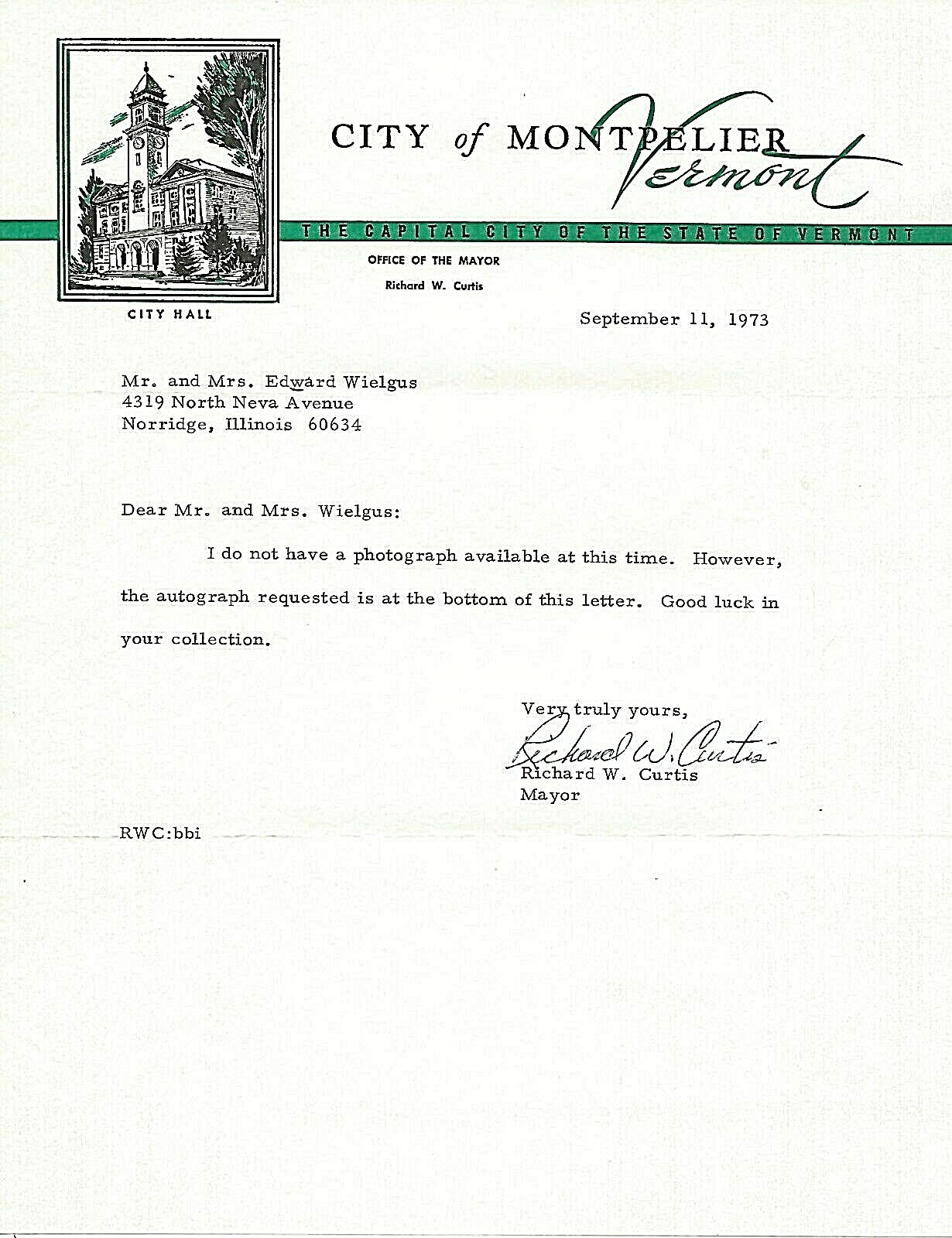 1973~CITY OF MONTPELIER, VERMONT~OFFICE OF MAYOR LETTERHEAD & AUTOGRAPH ...