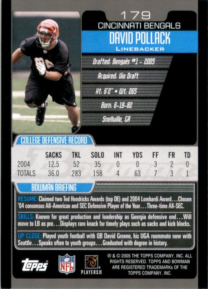 2005 Bowman David Pollack RC Cincinnati Bengals #179 162269 | eBay