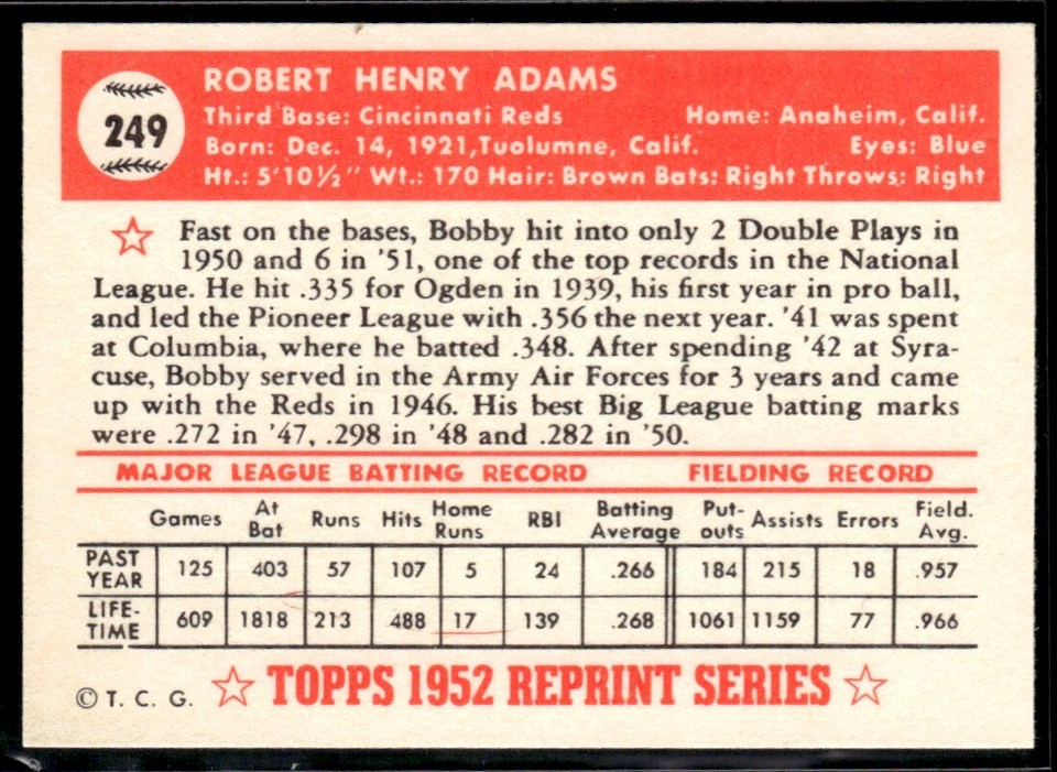 1983 Topps 1952 Reprint Bobby Adams Cincinnati Reds #249 | eBay