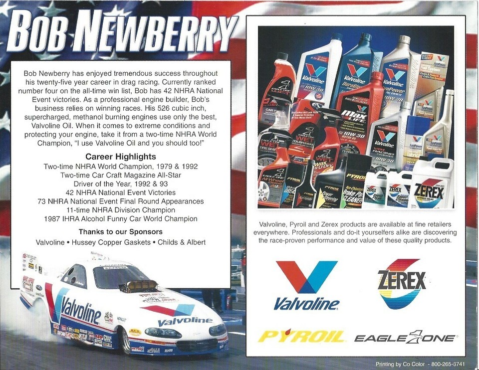 Bob Newberry Valvoline NHRA Top Alcohol Funny Car Handout/Hero Card | eBay