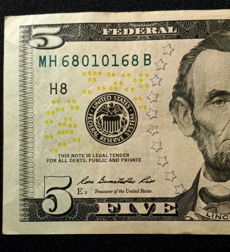 Super Repeater Fancy Quad serial number MH 68010168 B Five Dollar bill ...