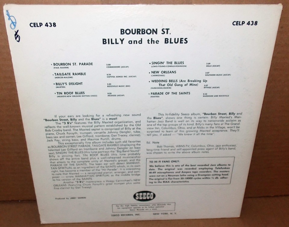 BILLY MAXTED MANHATTAN JAZZ BAND BILLY AND THE BLUES SEECO LP #CELP438 ...