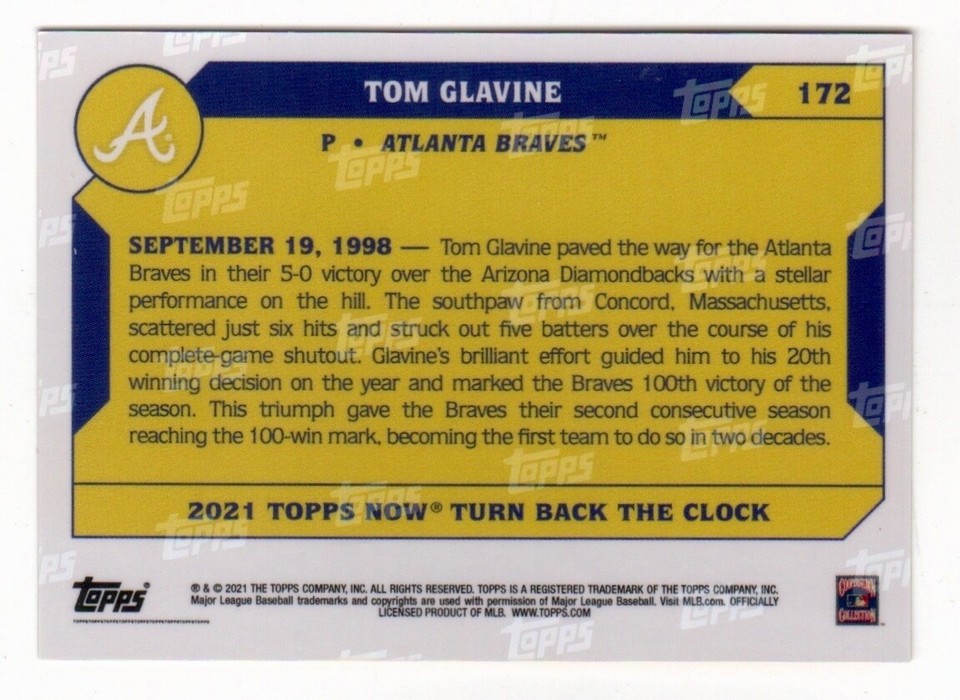2021 Topps Now Turn Back The Clock Tom Glavine #172 Baseball Card | eBay