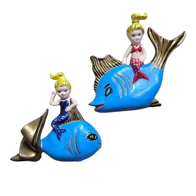 Vintage Pair Chalkware Mermaids Riding Fish Art Arnels? 1977 | eBay