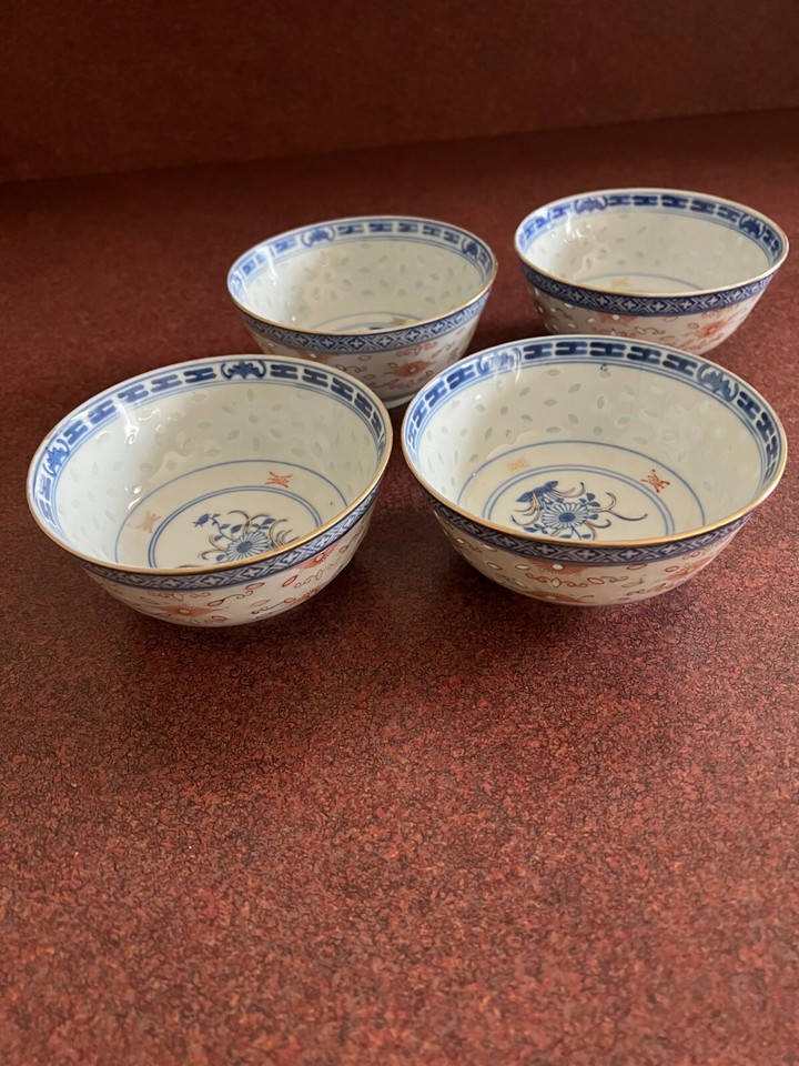 Four Chinese Blue & White & Red Porcelain Rice Eye Grain Bowls Marked ...